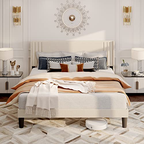 Gizoon Queen Bed Frame with Wingback Headboard, Upholstered Platform Bed with Modern Geometric Headboard, Wooden Slats, Noise-Free, No Box Spring Needed (Beige)