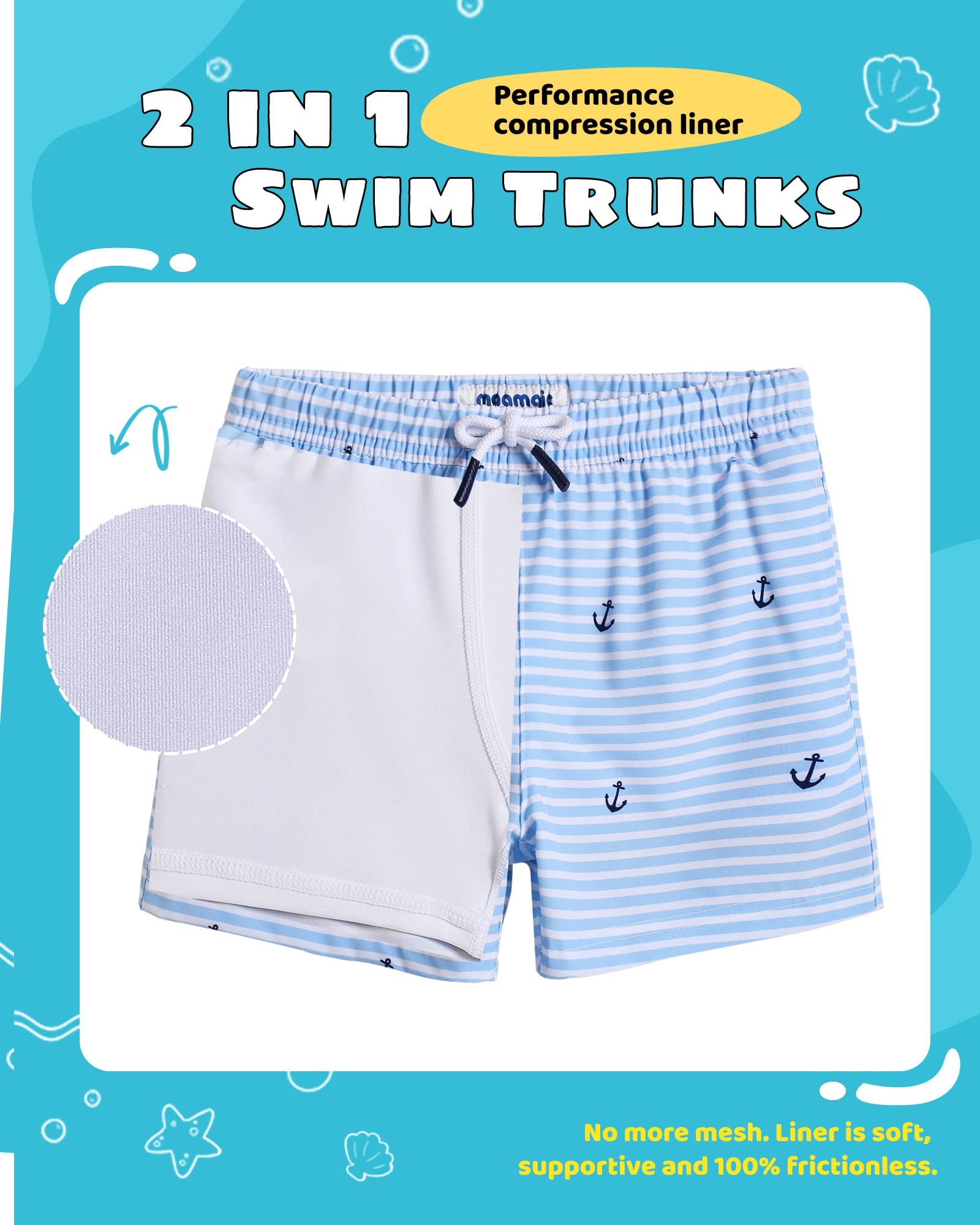 maamgic Boys Swim Trunks with Compression Liner Toddler Stretch Swim Shorts Quick Dry Swimming Trunks Boxer Brief 2 in 1 Beach Shorts White Blue Striped 5/6