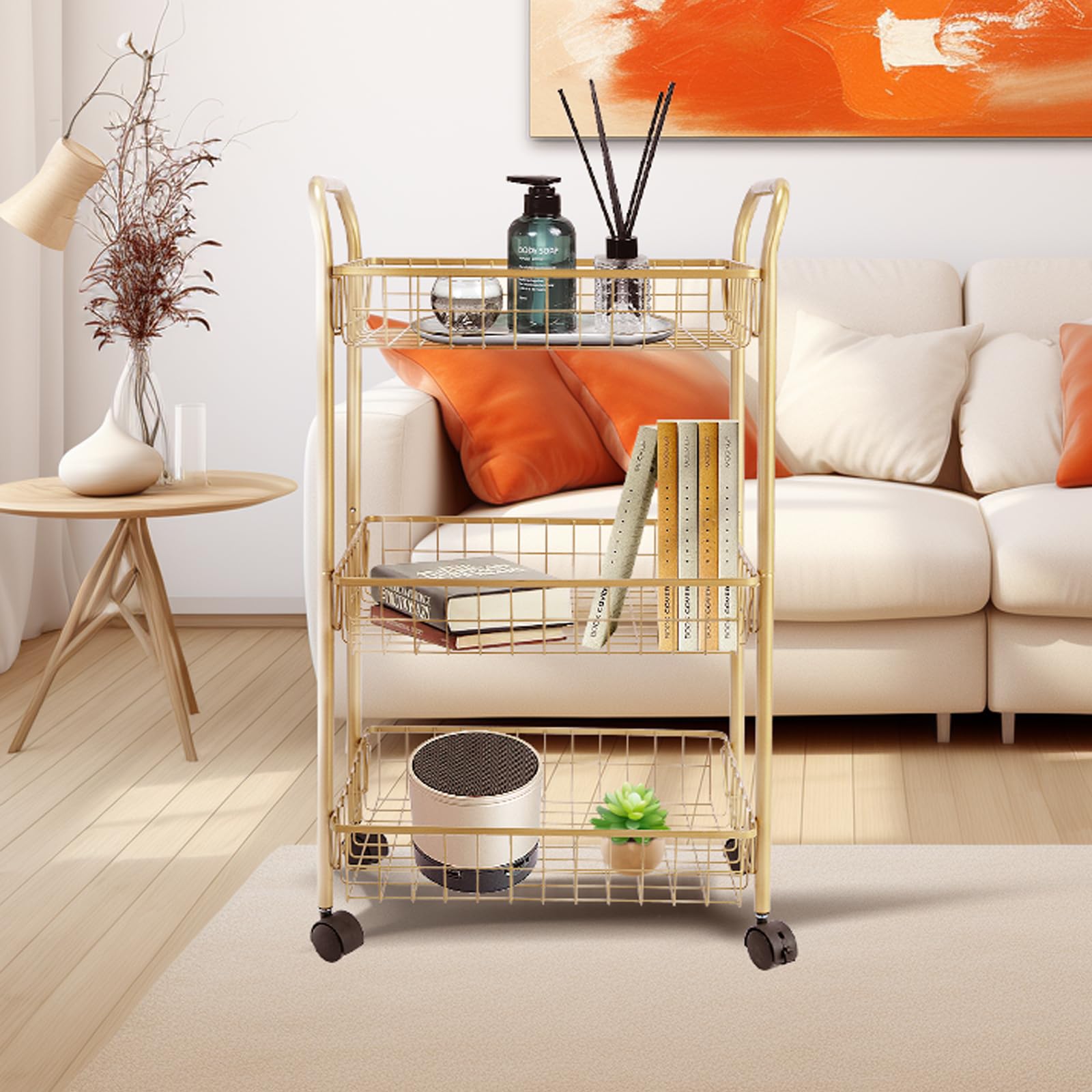 MNOPQ 3 Tier Mesh Rolling Utility Cart, Gold Metal Organization Cart with Lockable Wheels, Multifunctional Storage Trolley Service Cart for Kitchen Living Room Office Salon