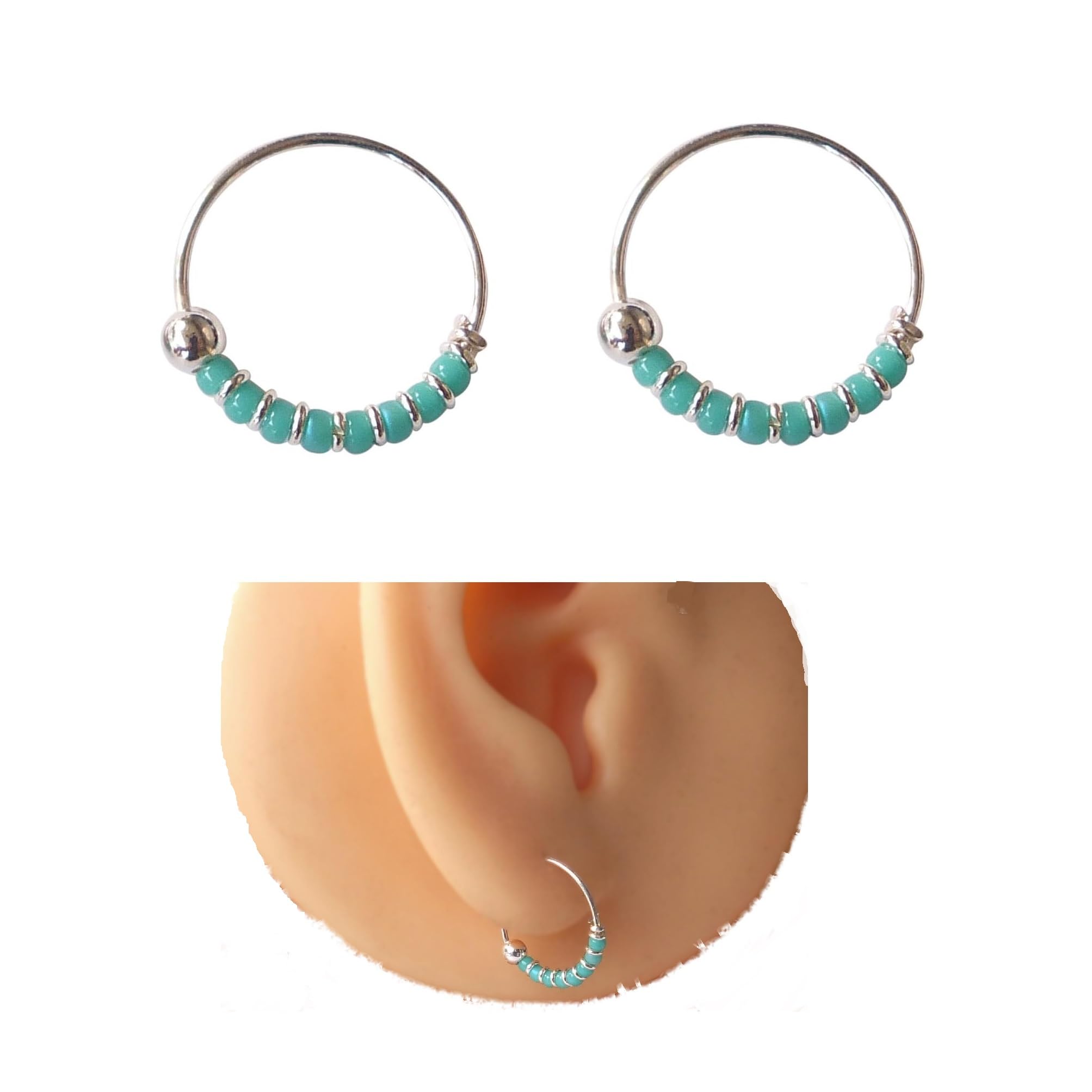 Handmade Silver Pair Small 12MM Beaded Hoop Earrings, 925 Sterling Silver, Thin 22Gauge Turquoise Color Beads Hoops for women, By Miya Jewelry Creations