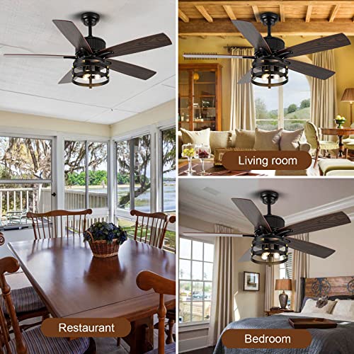 Farmhouse Rustic Ceiling Fans With Lights, Outdoor Ceiling Fan For Patios With Light, 52 In Industrial Ceiling Fan 5 Blade Large Airflow Dual Finish Wood Blades Ceiling Fan, Reversible Dc Quiet Motor