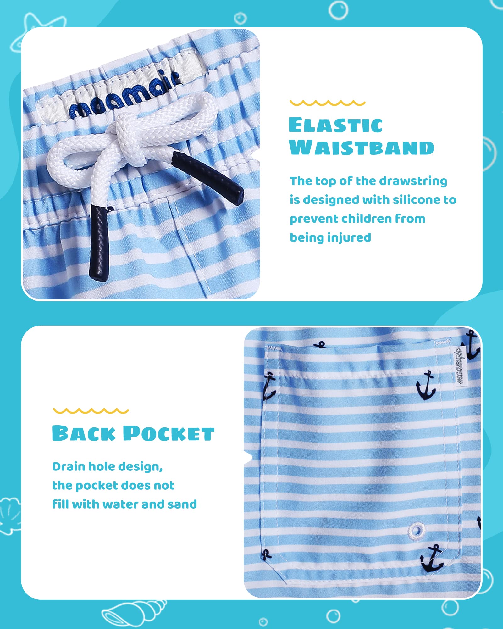 maamgic Boys Swim Trunks with Compression Liner Toddler Stretch Swim Shorts Quick Dry Swimming Trunks Boxer Brief 2 in 1 Beach Shorts White Blue Striped 5/6