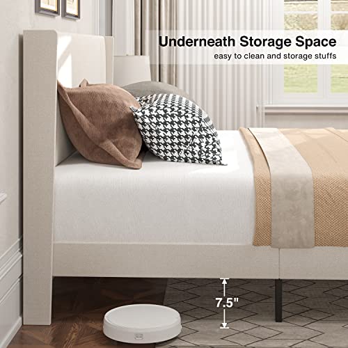 Gizoon Queen Bed Frame with Wingback Headboard, Upholstered Platform Bed with Modern Geometric Headboard, Wooden Slats, Noise-Free, No Box Spring Needed (Beige)