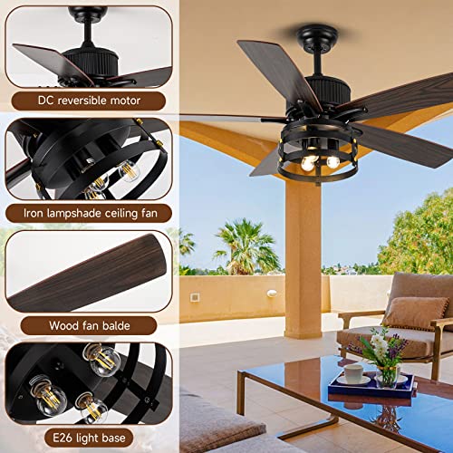 Farmhouse Rustic Ceiling Fans With Lights, Outdoor Ceiling Fan For Patios With Light, 52 In Industrial Ceiling Fan 5 Blade Large Airflow Dual Finish Wood Blades Ceiling Fan, Reversible Dc Quiet Motor
