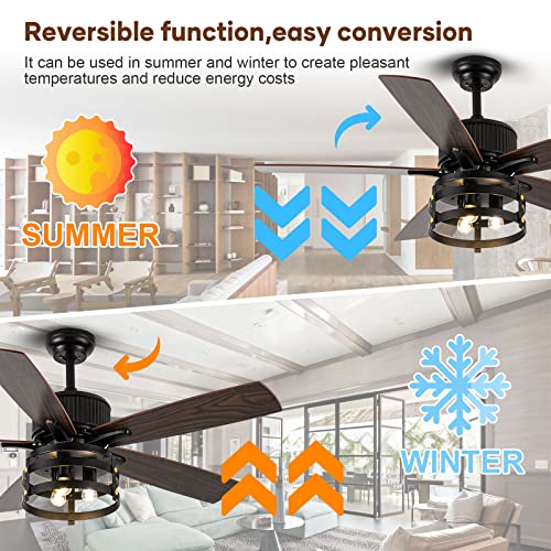 Farmhouse Rustic Ceiling Fans With Lights, Outdoor Ceiling Fan For Patios With Light, 52 In Industrial Ceiling Fan 5 Blade Large Airflow Dual Finish Wood Blades Ceiling Fan, Reversible Dc Quiet Motor