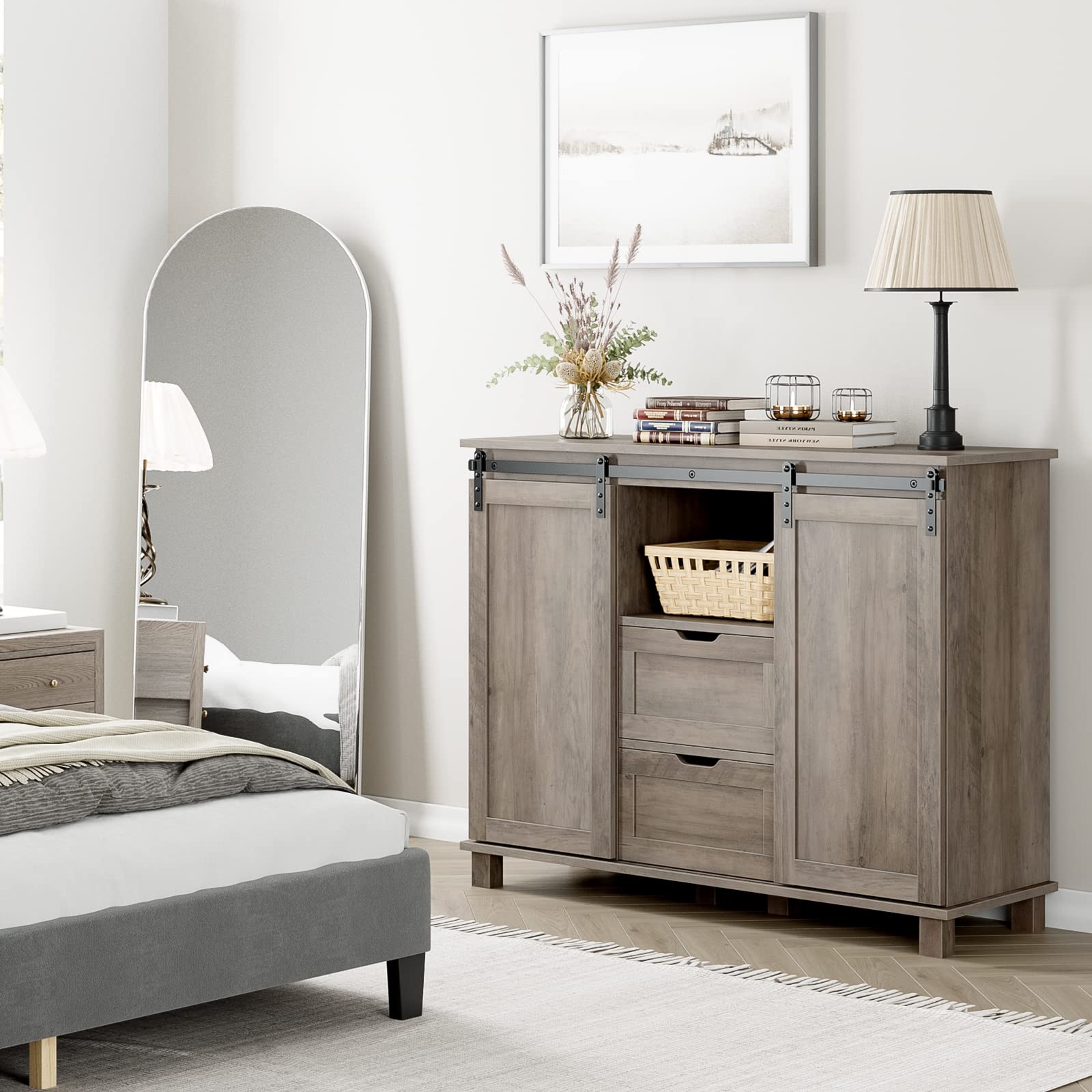 HOSTACK Farmhouse Buffet Sideboard, Coffee Bar Cabinet with Storage, Liquor Wine Cabinet with Sliding Barn Doors, Accent Storage Cabinet for Kitchen, Ash Grey