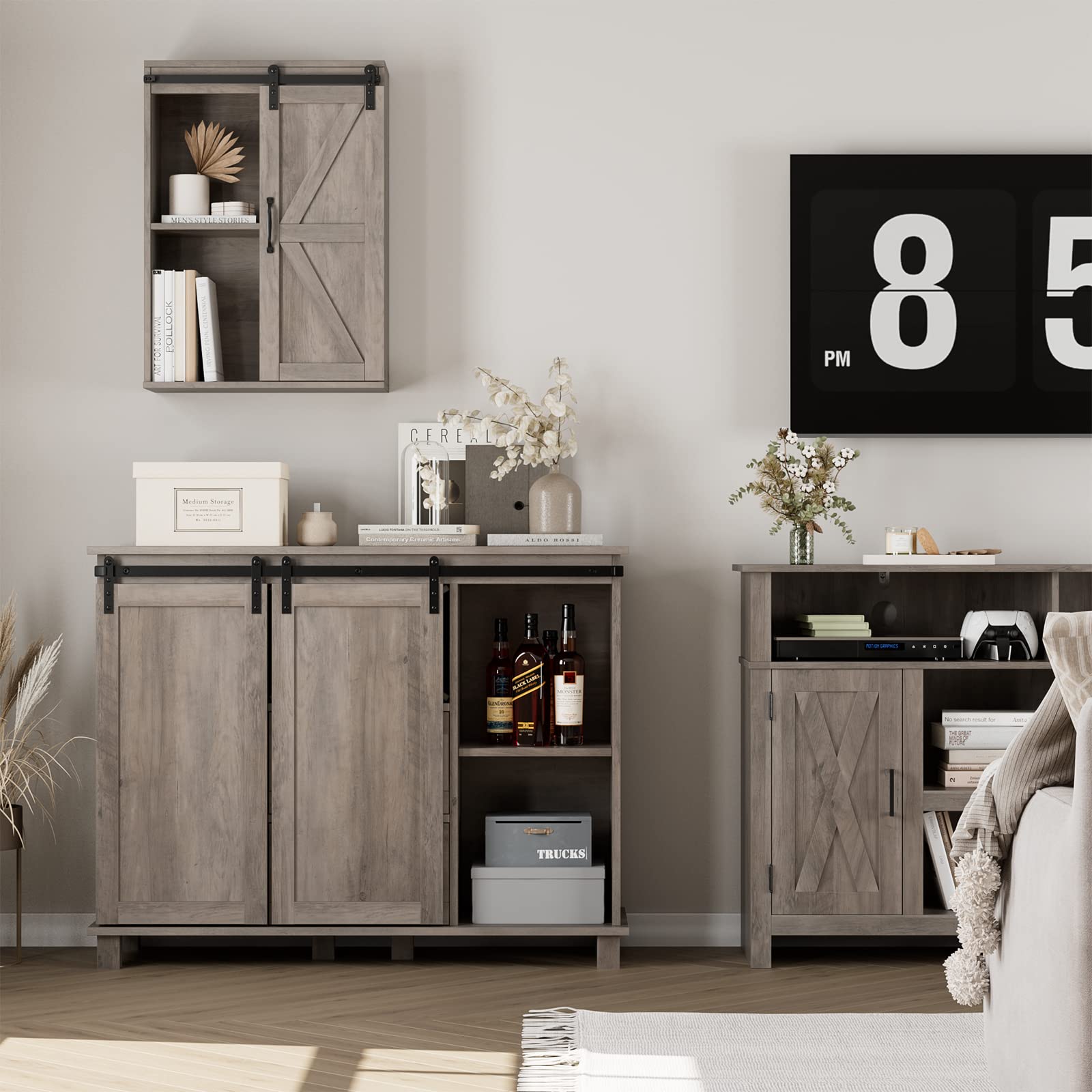 HOSTACK Farmhouse Buffet Sideboard, Coffee Bar Cabinet with Storage, Liquor Wine Cabinet with Sliding Barn Doors, Accent Storage Cabinet for Kitchen, Ash Grey