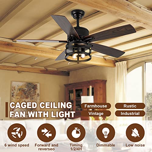 Farmhouse Rustic Ceiling Fans With Lights, Outdoor Ceiling Fan For Patios With Light, 52 In Industrial Ceiling Fan 5 Blade Large Airflow Dual Finish Wood Blades Ceiling Fan, Reversible Dc Quiet Motor