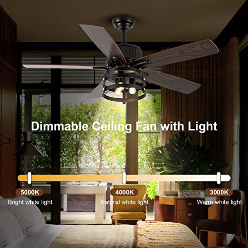 Farmhouse Rustic Ceiling Fans With Lights, Outdoor Ceiling Fan For Patios With Light, 52 In Industrial Ceiling Fan 5 Blade Large Airflow Dual Finish Wood Blades Ceiling Fan, Reversible Dc Quiet Motor