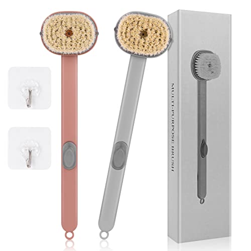 Ainiv 2 Pack Back Scrubber for Shower, Long Handled Shower Brush with Soap Dispenser, Exfoliating Body Scrubber for Wet or Dry Brushing, Shower Brush with Soft Bristles(Grey & Pink)