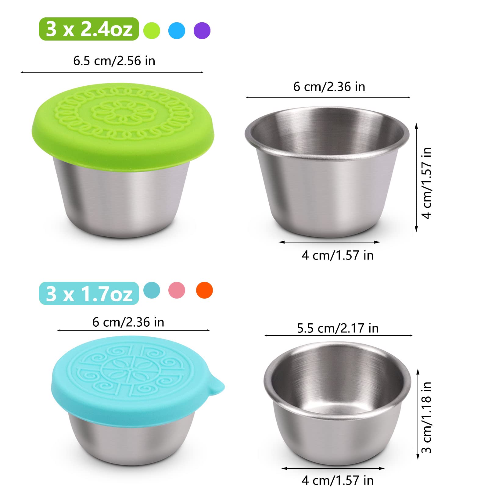 Pack of 6 Small Salad Dressing Container To Go 1.7oz+2.4oz Stainless Steel Sance Containers with Lids Reusable Condiment Containers for Lunch Box Picnic Travel Office