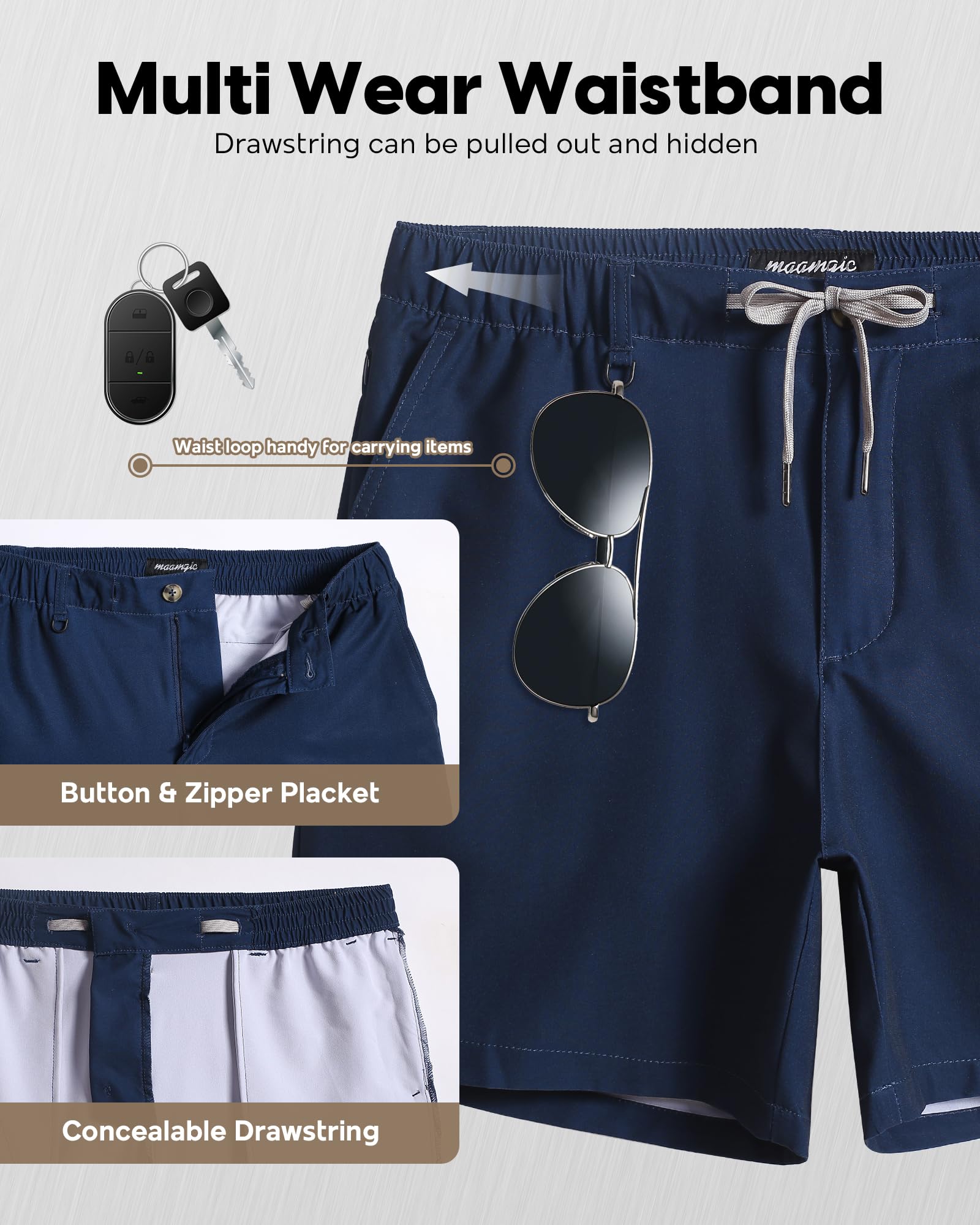 maamgic Men's 5 Inseam Shorts Casual Classic Fit Short Men with Multi-Pocket Mens Workout Shorts Hybrid Quick Dry Shorts Navy Blue Large