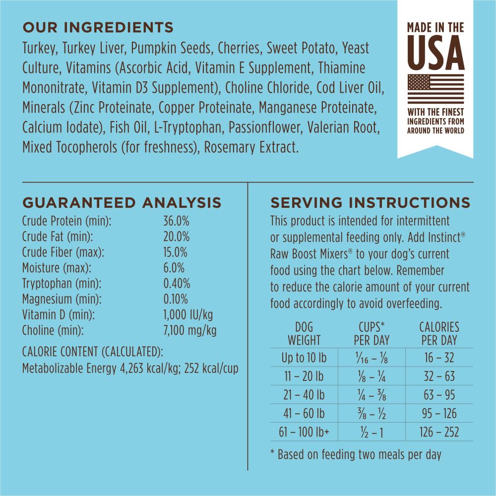 Instinct Raw Boost Mixers, Freeze Dried Dog Food Topper with Functional Ingredients, Grain Free, Real Turkey - Tranquility, 5.5 oz. Bag