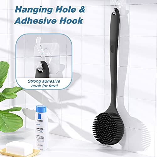 ManmiHealth Silicone Back Scrubber for Shower(Thick Bristles), Body Scrubber with 15'' Long Handle, Light & Easy-to-Hold Shower Brush for Skin Exfoliating and Massaging, Not Good in Lathering.(Black)