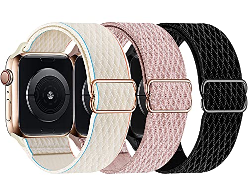 Swhatty Stretchy Nylon Solo Loop Bands Compatible with Apple Watch 41mm 40mm 38mm, Adjustable Braided Sport Elastics Women Men Strap for iWatch Series 8 7 6 5 4 3 2 1 SE (Black, Rose pink, Cream)