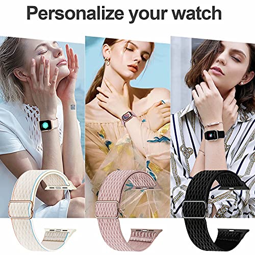 Swhatty Stretchy Nylon Solo Loop Bands Compatible with Apple Watch 41mm 40mm 38mm, Adjustable Braided Sport Elastics Women Men Strap for iWatch Series 8 7 6 5 4 3 2 1 SE (Black, Rose pink, Cream)