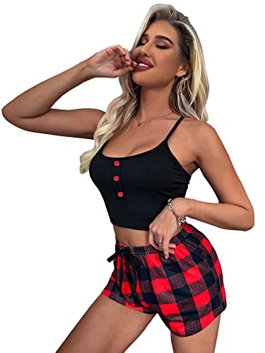 SOLY HUX Womens Pajama Set 2 Piece Lounge Sets Soft Sleepwear Cami Crop Top and Plaid Shorts Nightwear Red Black Plaid S