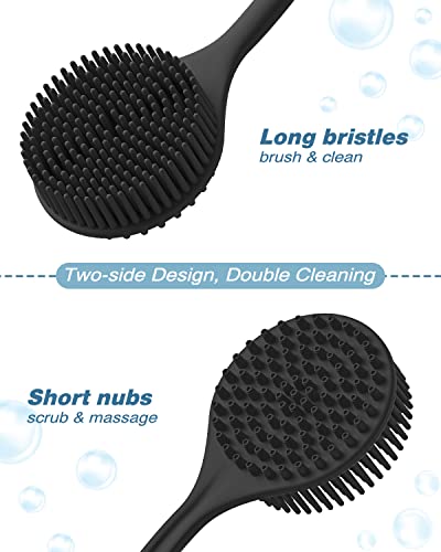 ManmiHealth Silicone Back Scrubber for Shower(Thick Bristles), Body Scrubber with 15'' Long Handle, Light & Easy-to-Hold Shower Brush for Skin Exfoliating and Massaging, Not Good in Lathering.(Black)