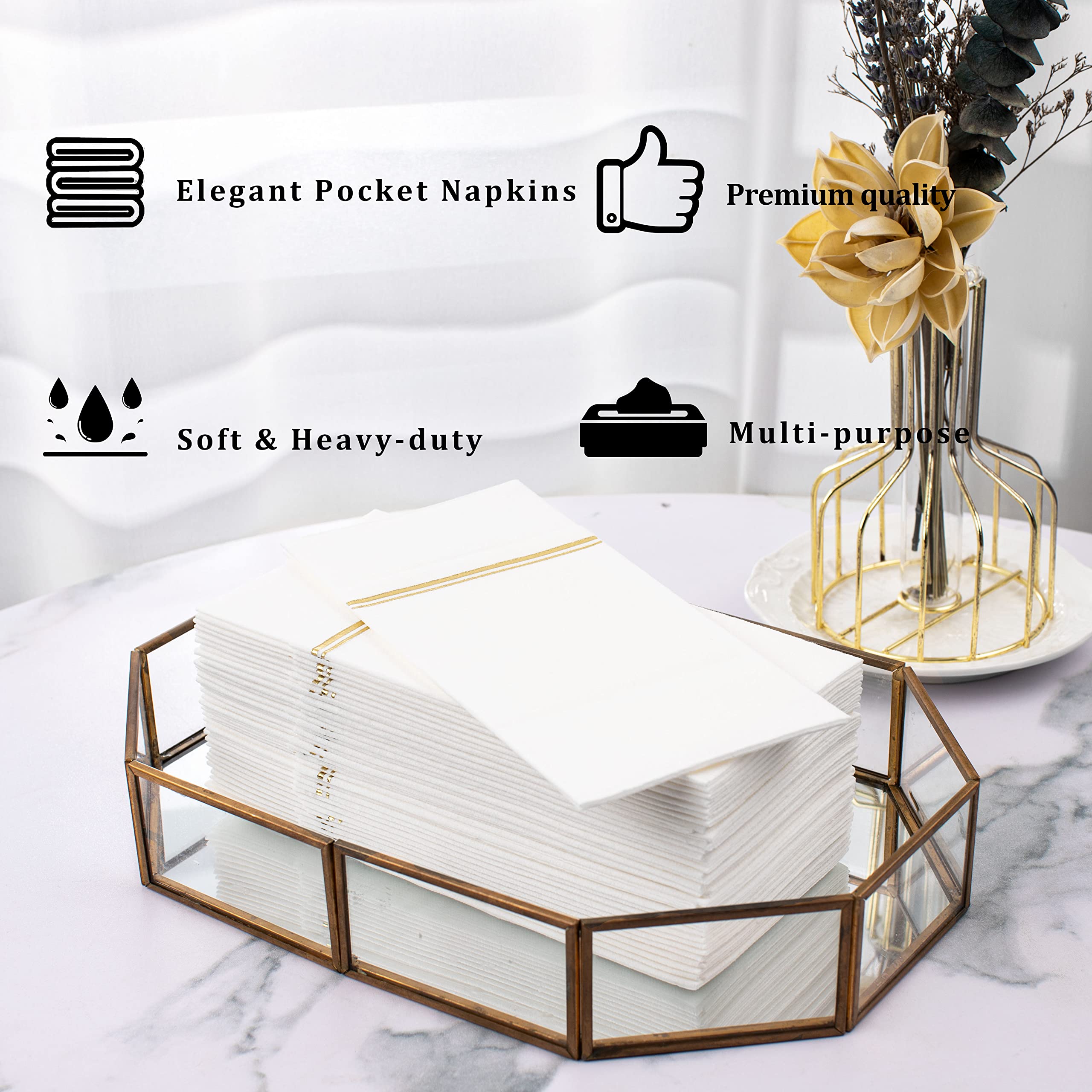 Nervure 100PCS Gold Paper Napkins with Built-in Flatware Pocket - White and Gold Prefolded Cloth Like Disposable Napkins - Heavy-duty Linen-Feel Dinner Napkins for Party & Wedding & Dinner