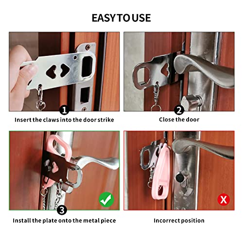 Portable Door Lock, Extra Home Security Locker for Additional Privacy and Safety, Travel Lock Down Locks for Traveling, Hotel, Home, Apartment, College with Door Hanger Sign (2 Pack, Pink)