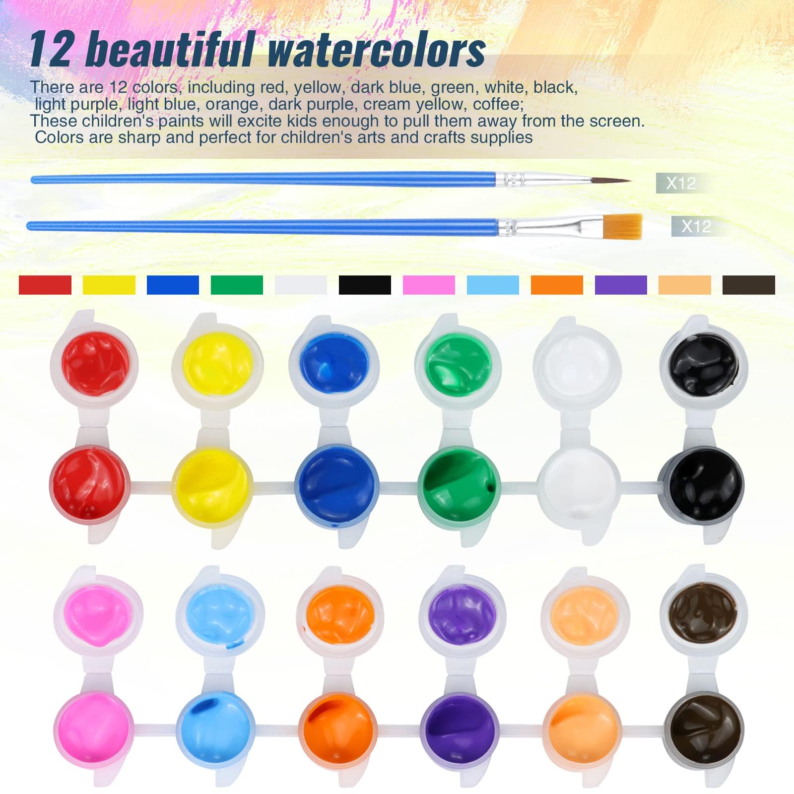 WYOMER 12 Sets(168 PCS) Acrylic Paint Set, 12 Colors Water Paint with Brushes, Washable Paint Sets for Home, Classroom and Birthday or Art Party(24 Brushes)