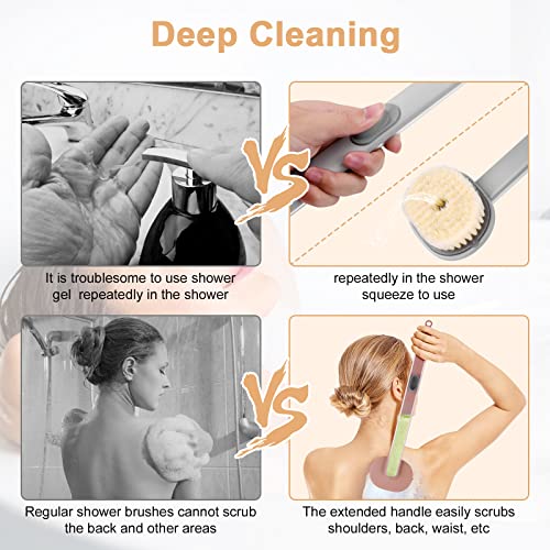 Ainiv 2 Pack Back Scrubber for Shower, Long Handled Shower Brush with Soap Dispenser, Exfoliating Body Scrubber for Wet or Dry Brushing, Shower Brush with Soft Bristles(Grey & Pink)