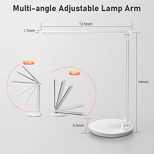 Vansuny LED Desk Lamp with Wireless Charger USB Charging Port Touch Control Dimmable Office Lamp 1h Timer 5 Color Modes 6 Brightness Levels Eye-Caring Table Lamp for Home Office Bedroom White
