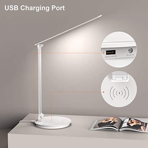 Vansuny LED Desk Lamp with Wireless Charger USB Charging Port Touch Control Dimmable Office Lamp 1h Timer 5 Color Modes 6 Brightness Levels Eye-Caring Table Lamp for Home Office Bedroom White