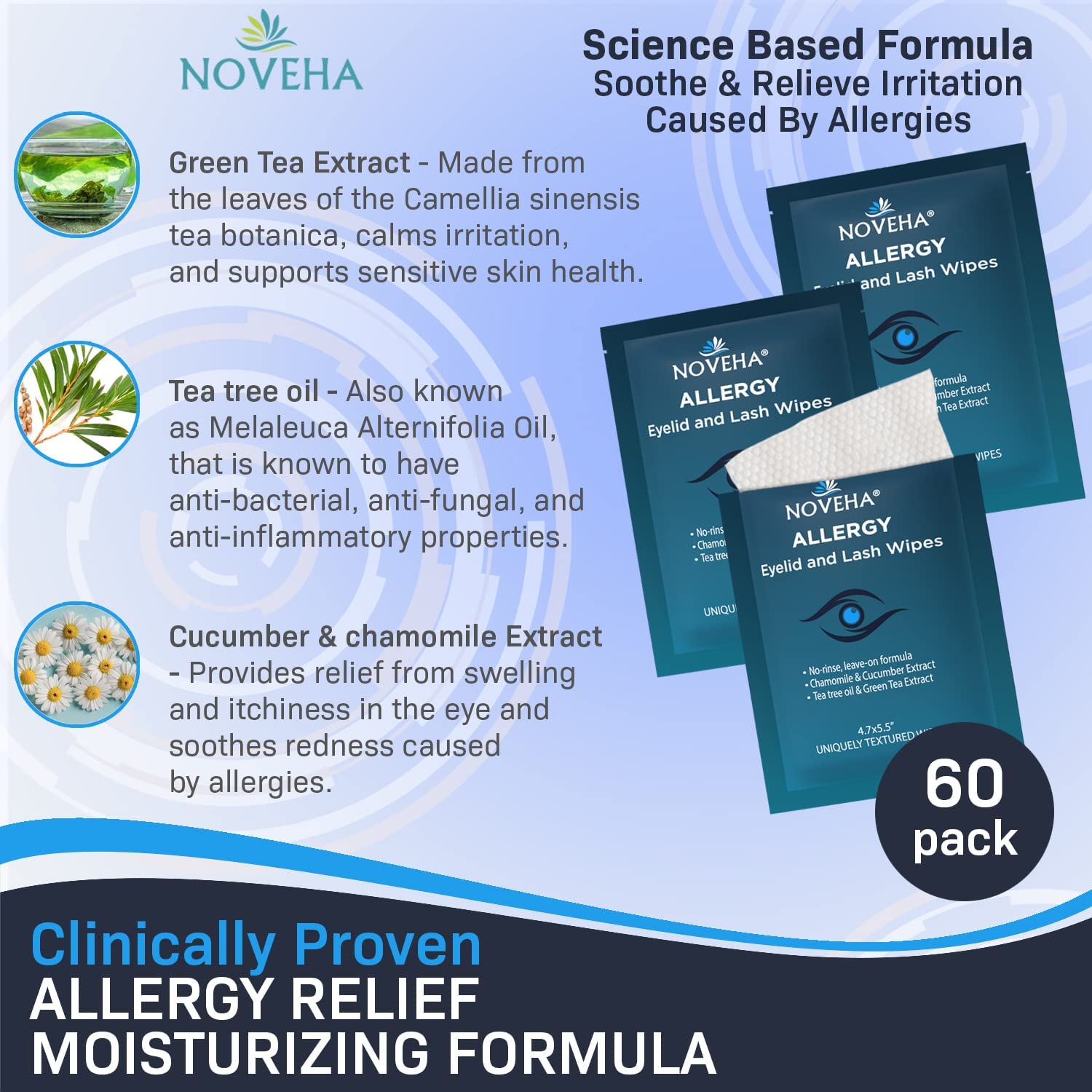 NOVEHA 60Pcs Allergy Relief Eyelid Wipes | Pre-moistened Hypoallergenic Eye Cleansing Pads, Reduce Itchiness, Redness & Discomfort Caused By Allergy, Clean, Soothe & Remove Debris (1 Pack)