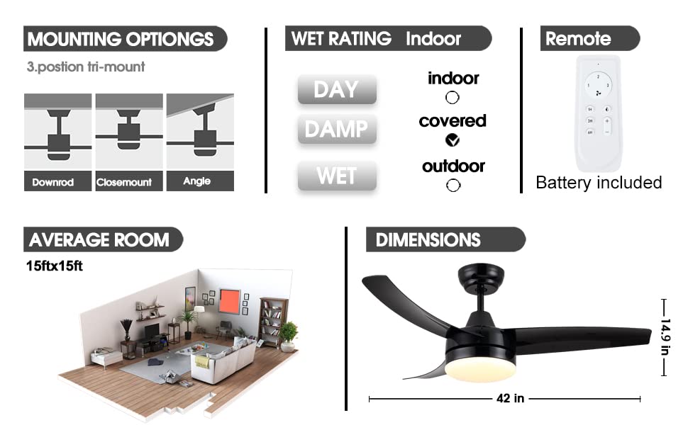 Wellspeed Ceiling Fans with Lights, Black Ceiling Fan, 42 Inch Modern Ceiling Fan with Remote Control,Adjustable Light and Dark, for Bedroom, Living Room, Patios