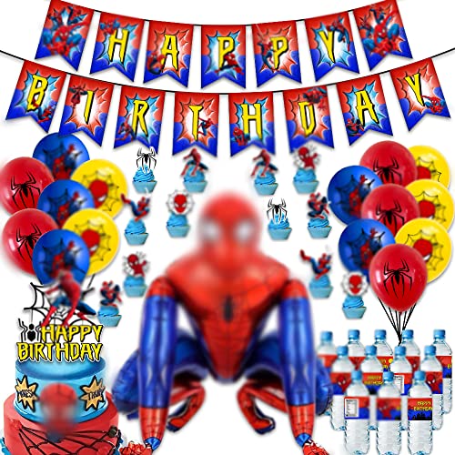 Spider Birthday Party Supplies and Decorations,Spider Themed Party For Kids Serves a Airwalker Balloon, Cupcake Toppers,Banner,Latex Balloons and Bottle Stikers