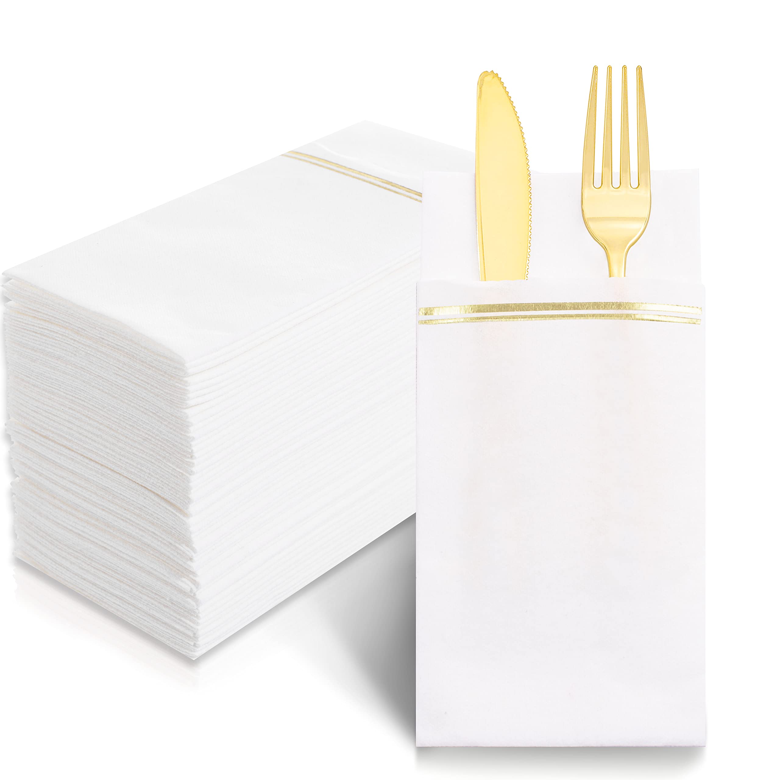 Nervure 100PCS Gold Paper Napkins with Built-in Flatware Pocket - White and Gold Prefolded Cloth Like Disposable Napkins - Heavy-duty Linen-Feel Dinner Napkins for Party & Wedding & Dinner