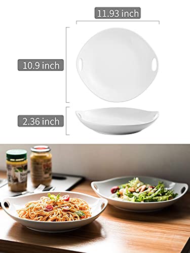 LAUCHUH Porcelain Serving Platter with Handles Serving Bowl Set for Noodles 11.93-inch Porcelain Platter Set Large Dinner Plate for Meat, Salad Set of 2 White