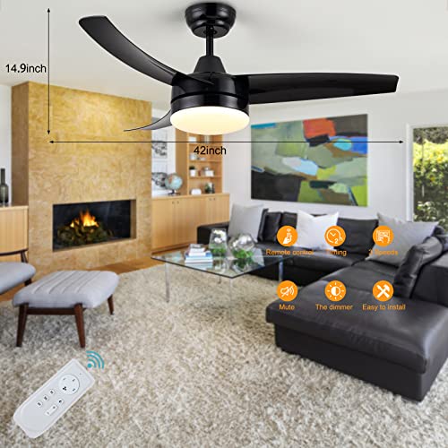 Wellspeed Ceiling Fans with Lights, Black Ceiling Fan, 42 Inch Modern Ceiling Fan with Remote Control,Adjustable Light and Dark, for Bedroom, Living Room, Patios