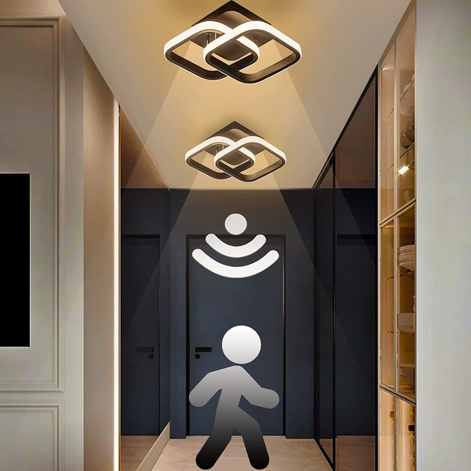 ADISUN Motion Sensor LED Ceiling Light, 22W Black Mount Motion Activated Light Fixture Ceiling lamp for Closet Laundry Bathroom Hallway Stair Porch Basement, Warm White 3000K