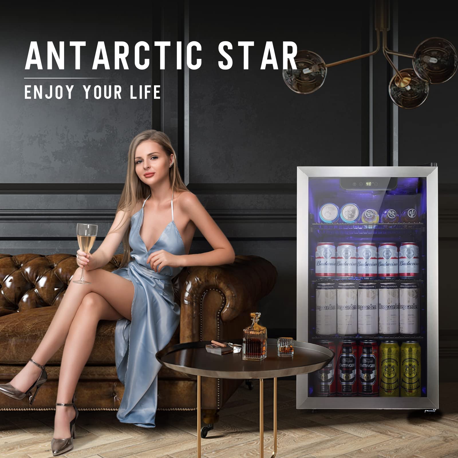 Antarctic Star Wine Cooler, 120 Can Beverage Refrigerators for Soda Beer, Mini Fridge with Glass Door, Freestanding Wine Cellar for Bedroom Office Bar, Digital Temperature Control, 3.2 Cu.Ft.