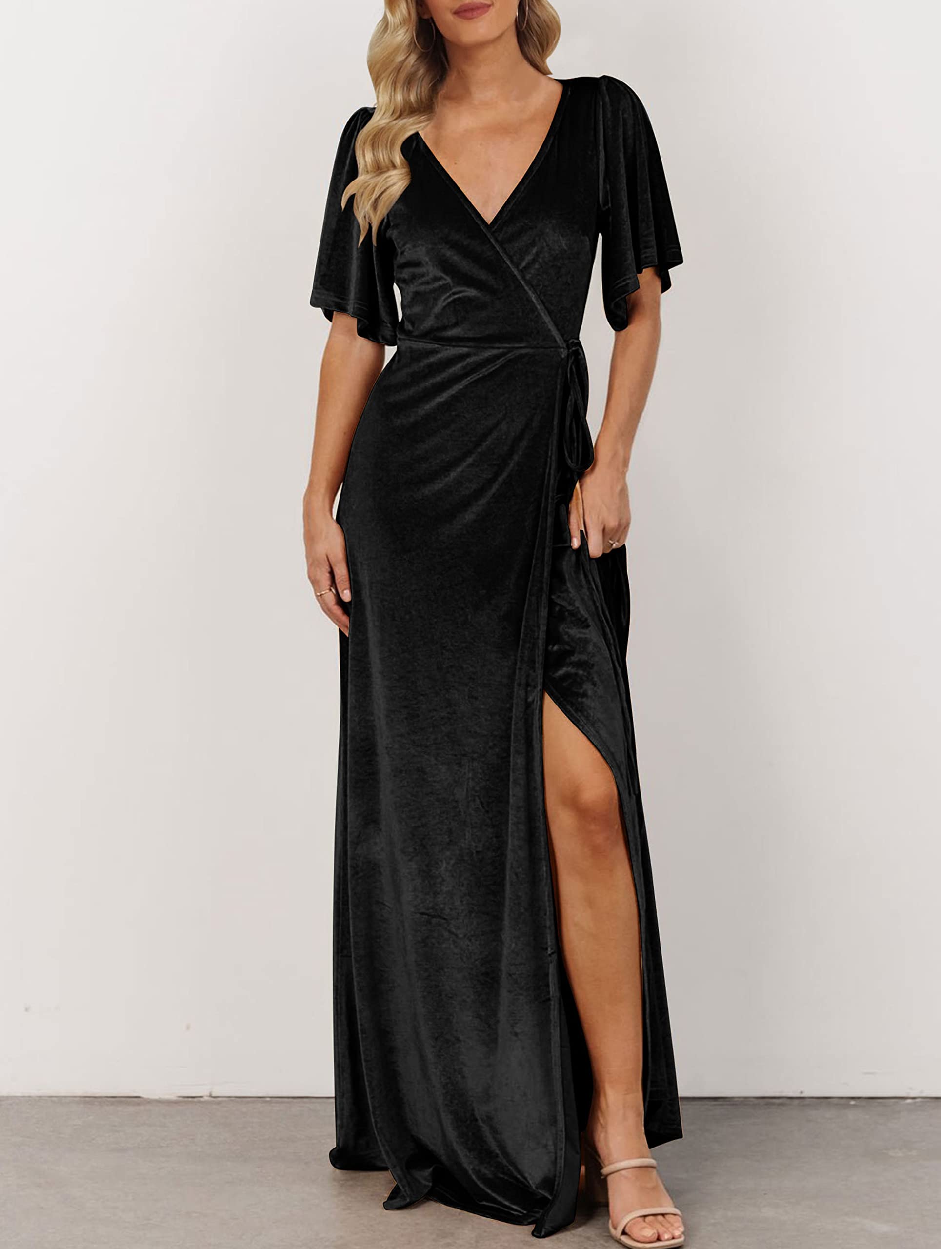 MEROKEETY Women's Short Sleeve Vintage Velvet Long Dress Sexy Boho Wedding Guest Evening Maxi Dresses, Black, Large