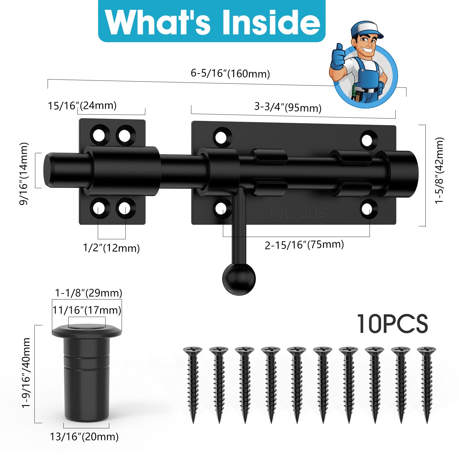 Slide Bolt Gate Latch Hardware, Barrel Bolt Latch, 6.3 Inch Heavy Duty Solid 304 Stainless Steel Black Finish for Wooden Fence/Shed Door/Yard Door/Barn Door/Interior and Outdoor Latch (2 Pack Black)
