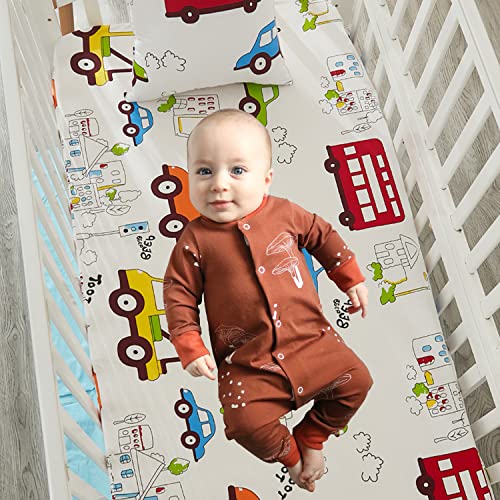 Brandream Baby Boy Fitted Crib Sheets Cars Vehicles Truck Toddler Sheets 100% Soft Cotton Standard Mattress Sheets Transport Theme