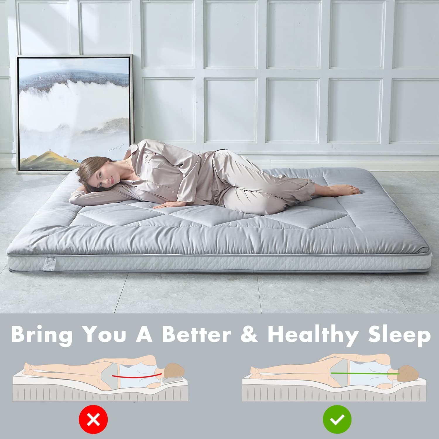Heimorn Japanese Floor Mattress Futon Mattress, Thicken Sleeping Mattress Foldable & Portable Roll up Camping Mattress with Dust-Proof Cover, Gray Full,Grey