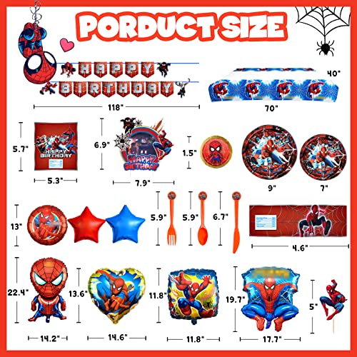 Spider Birthday Decorations,210pcs Birthday Party Supplies Include Happy Birthday Banner,Tableware Set,Tablecover,Cake Toppers,Cupcake Toppers,Foil Balloons,Latex Balloons Set,Bottle Labels,Chocolate Stickers