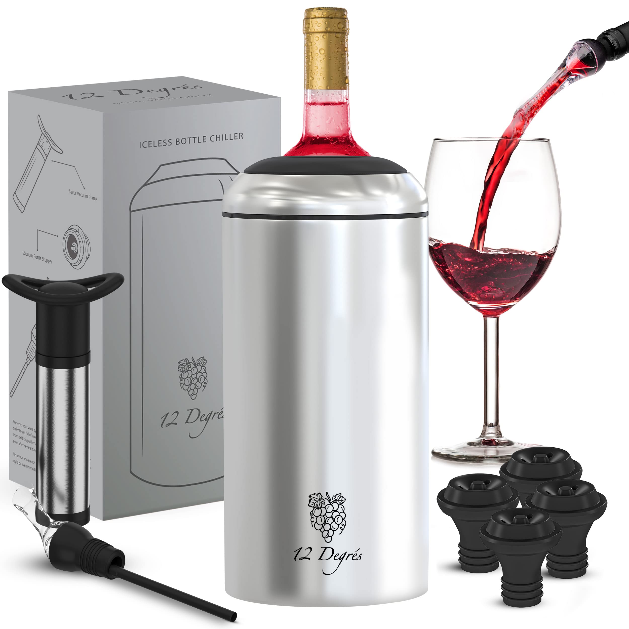 12 Degrés Wine Chiller Set - Perfect Wine Gifts for Women & Men - Stainless Steel Insulated Wine Cooler with Wine Pump, Aerator & 4 Stoppers (Silver)