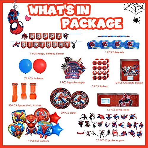Spider Birthday Decorations,210pcs Birthday Party Supplies Include Happy Birthday Banner,Tableware Set,Tablecover,Cake Toppers,Cupcake Toppers,Foil Balloons,Latex Balloons Set,Bottle Labels,Chocolate Stickers