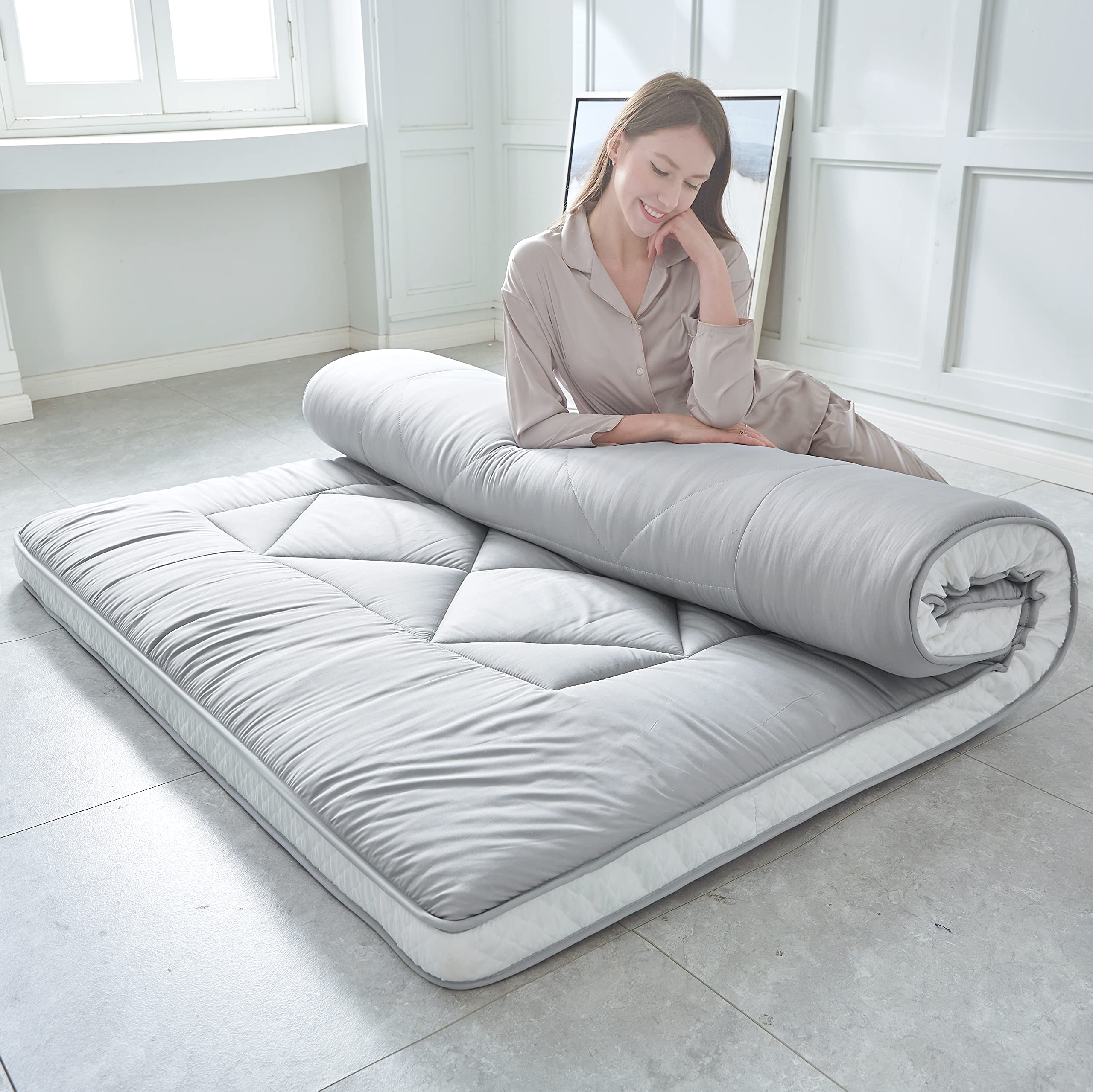 Heimorn Japanese Floor Mattress Futon Mattress, Thicken Sleeping Mattress Foldable & Portable Roll up Camping Mattress with Dust-Proof Cover, Gray Full,Grey