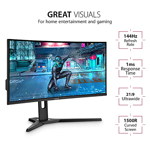 ViewSonic OMNI VX3418-2KPC 34 Inch Ultrawide Curved 1440p 1ms 144Hz Gaming Monitor with Adaptive Sync, Eye Care, HDMI and Display Port