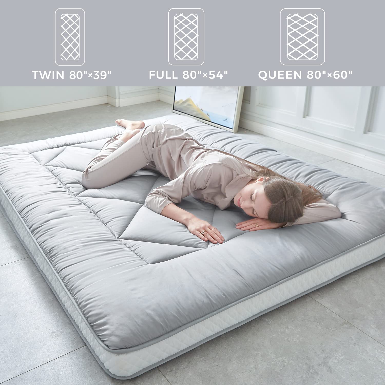 Heimorn Japanese Floor Mattress Futon Mattress, Thicken Sleeping Mattress Foldable & Portable Roll up Camping Mattress with Dust-Proof Cover, Gray Full,Grey