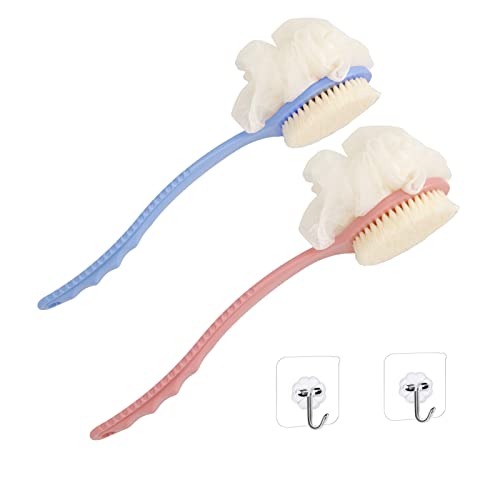 2 Pack Body Brush Back Scrubber for Shower Bath Back Scrubber with Soft Loofah and Bristles Back Scrubber Bath Mesh Sponge with Curved Long Handle Suitable for Wet or Dry, Women and Men (2PACK Set)