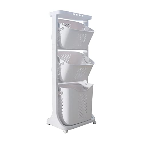 DNYSYSJ 3-Layer Laundry Basket with Wheels, Clothes Storage Basket Multi-Layer Rolling Laundry Cart, Dirty Clothes Basket Portable Handle for Bathroom/Bedroom/Dirty Clothes