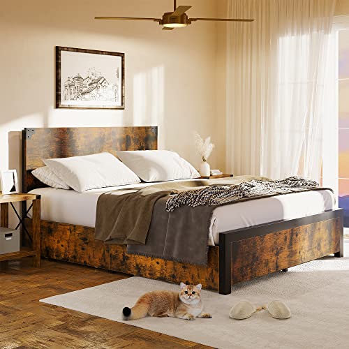 IDEALHOUSE Queen Size Bed Frame with Storage, Queen Bed Frame with Drawers, Rustic Vintage Wood and Metal Bed Frame with Large Storage Space, No Box Spring Needed, Noise Free