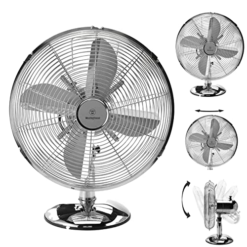 Westinghouse 12" Lightweight Small Vintage Metal Fan with 75° Oscillation and 3 Speeds - Ideal Fan for Desk, Office, Bedroom, or Retro Room Decor